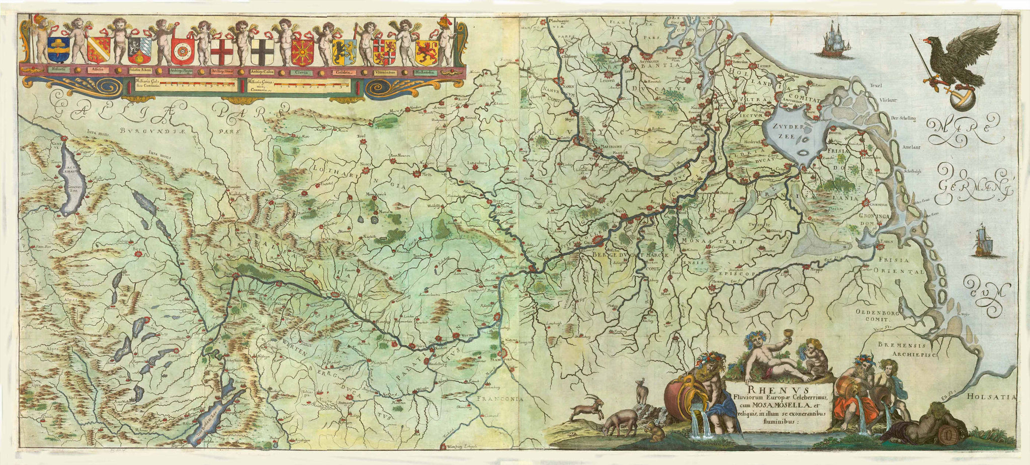 Maps, Germany, Holland, France, River Rhine, Rhenus Fluvorum, Course o ...
